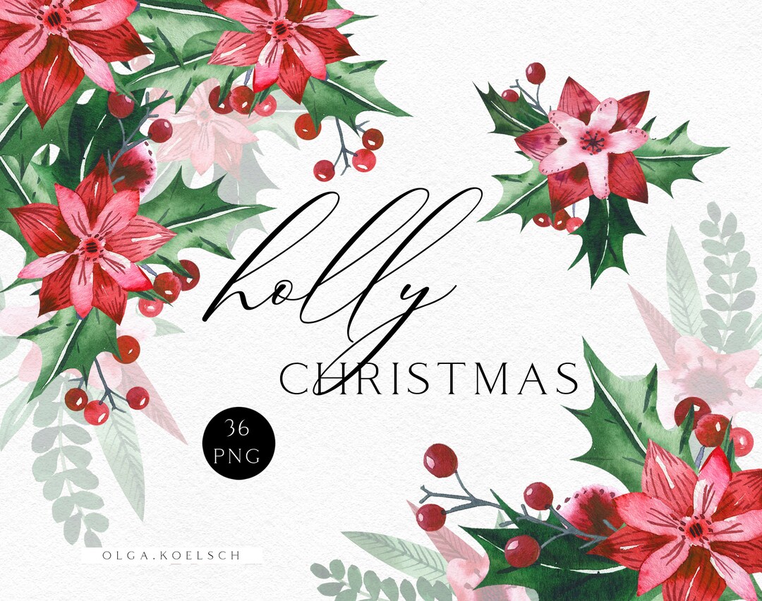 Watercolor Christmas Holly Clipart, Red Christmas Graphics, Winter ...