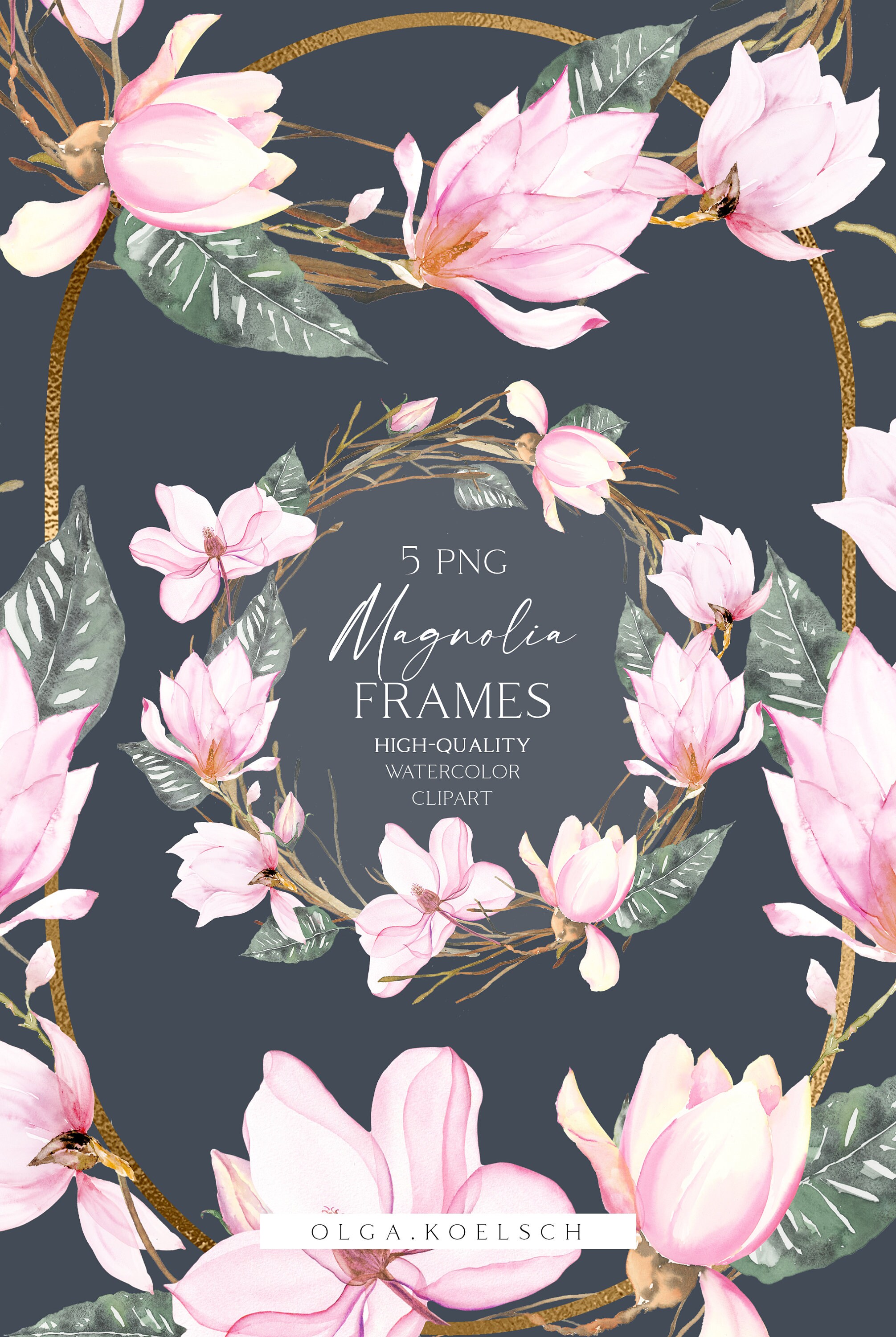 Watercolor Magnolia Frames Clipart, Pink Floral Borders Png, Gold ...