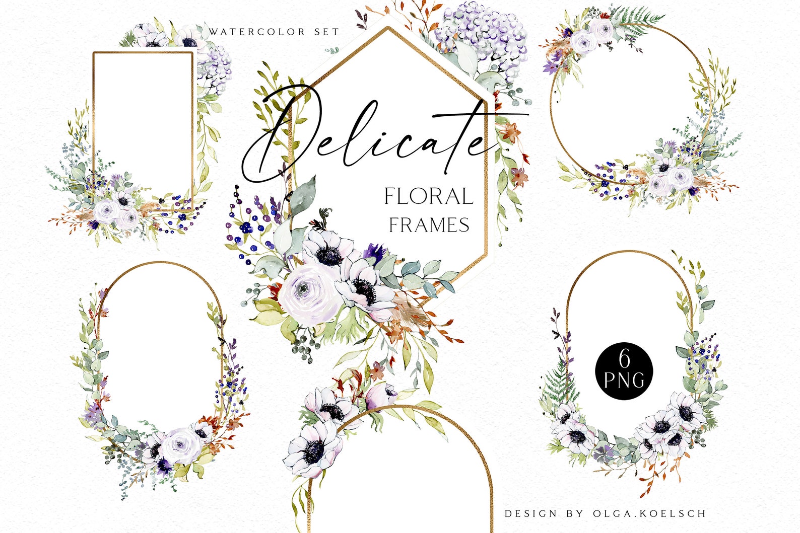 Boho Floral Frame Clipart White Anemone and Eucalyptus - Etsy