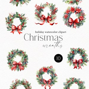 Watercolor Christmas Wreath Clipart With Bows, Holly Berry and ...