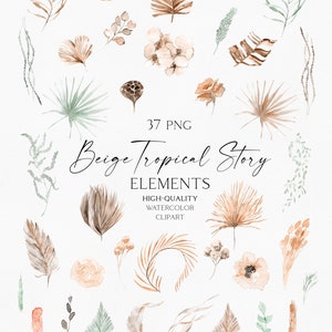 Watercolor Boho Floral Clipart, Tropical Leaves and Roses Bouquets Png ...