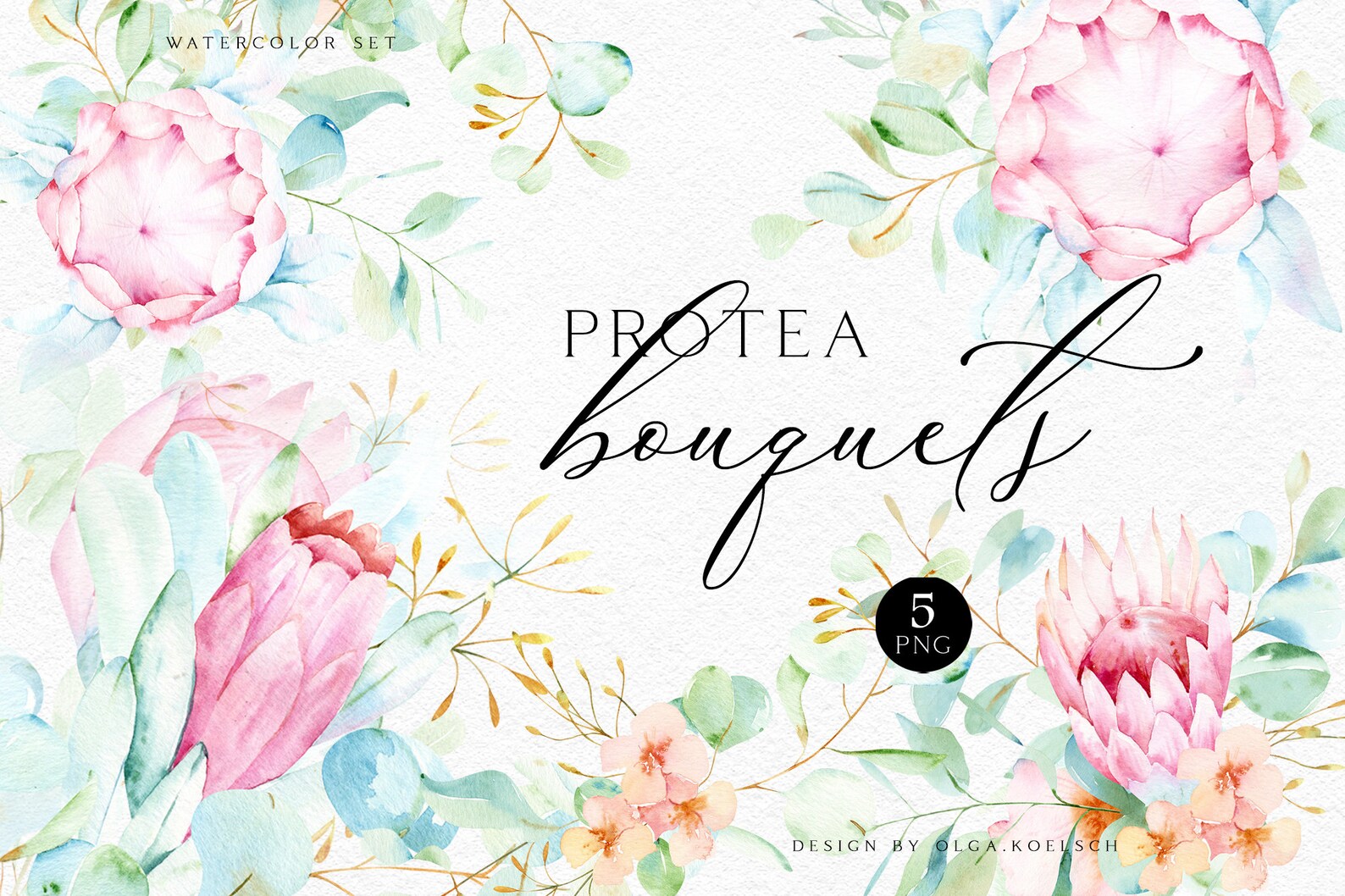 Watercolor Pink Floral Eucalyptus Clipart Tropical Protea - Etsy