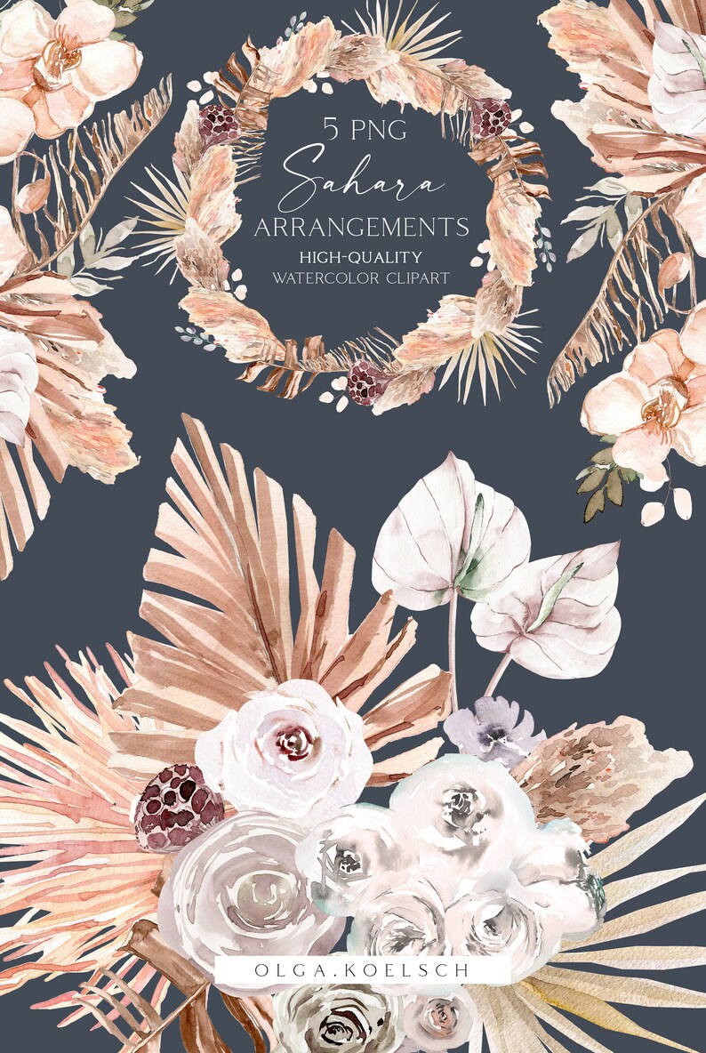 Watercolor Boho Floral Clipart Palm Boho Bouquets Png Dried - Etsy