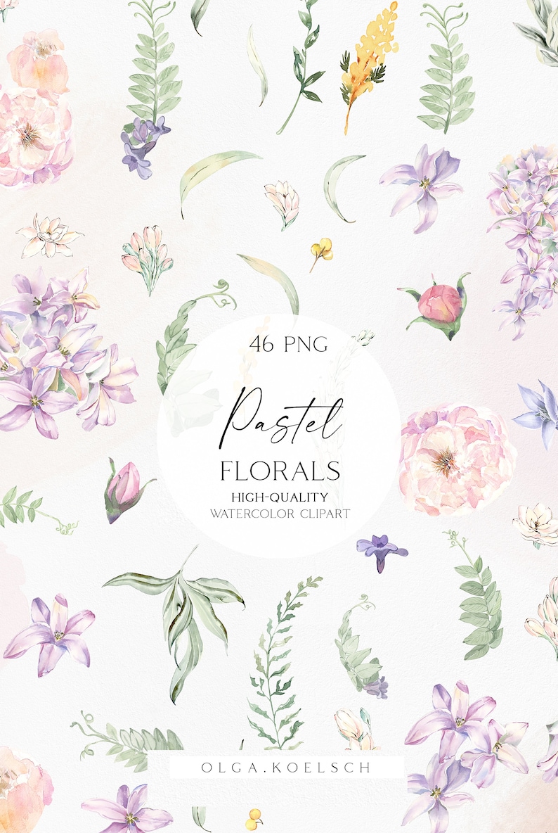 Watercolor Pink Flowers Clipart, Pastel Floral Element, Greenery Png ...