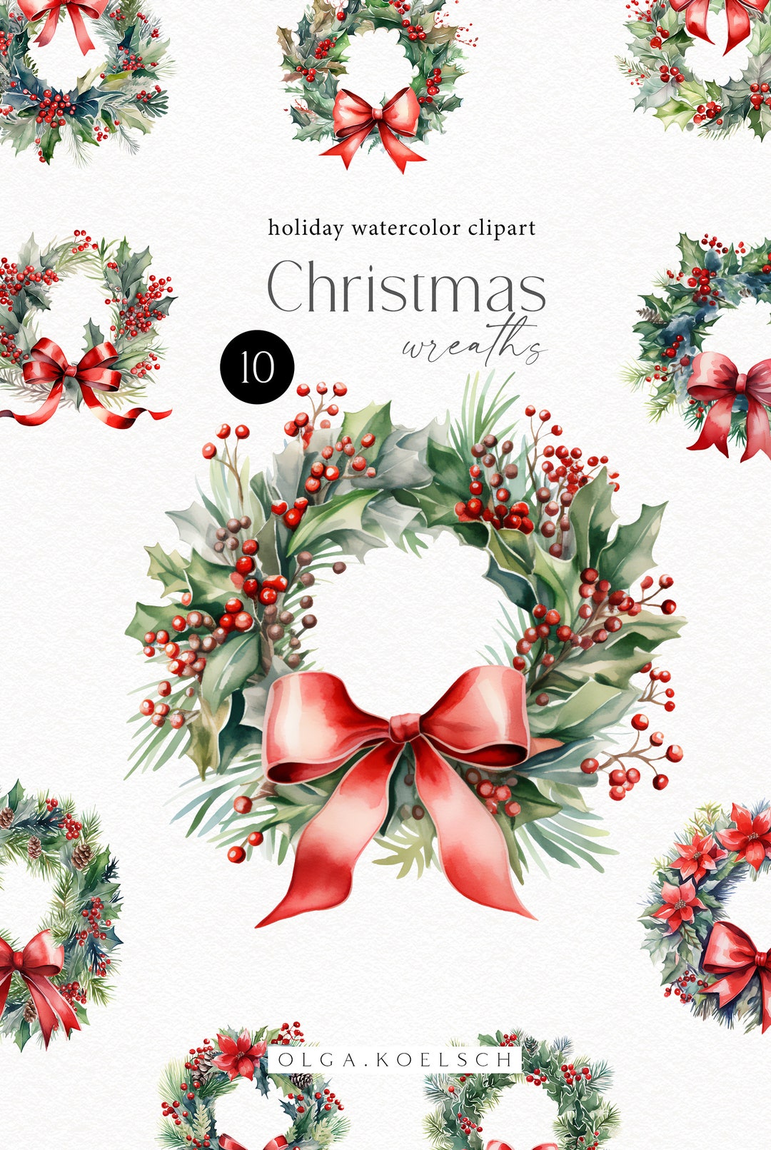 Watercolor Christmas Wreath Clipart With Bows, Holly Berry and ...