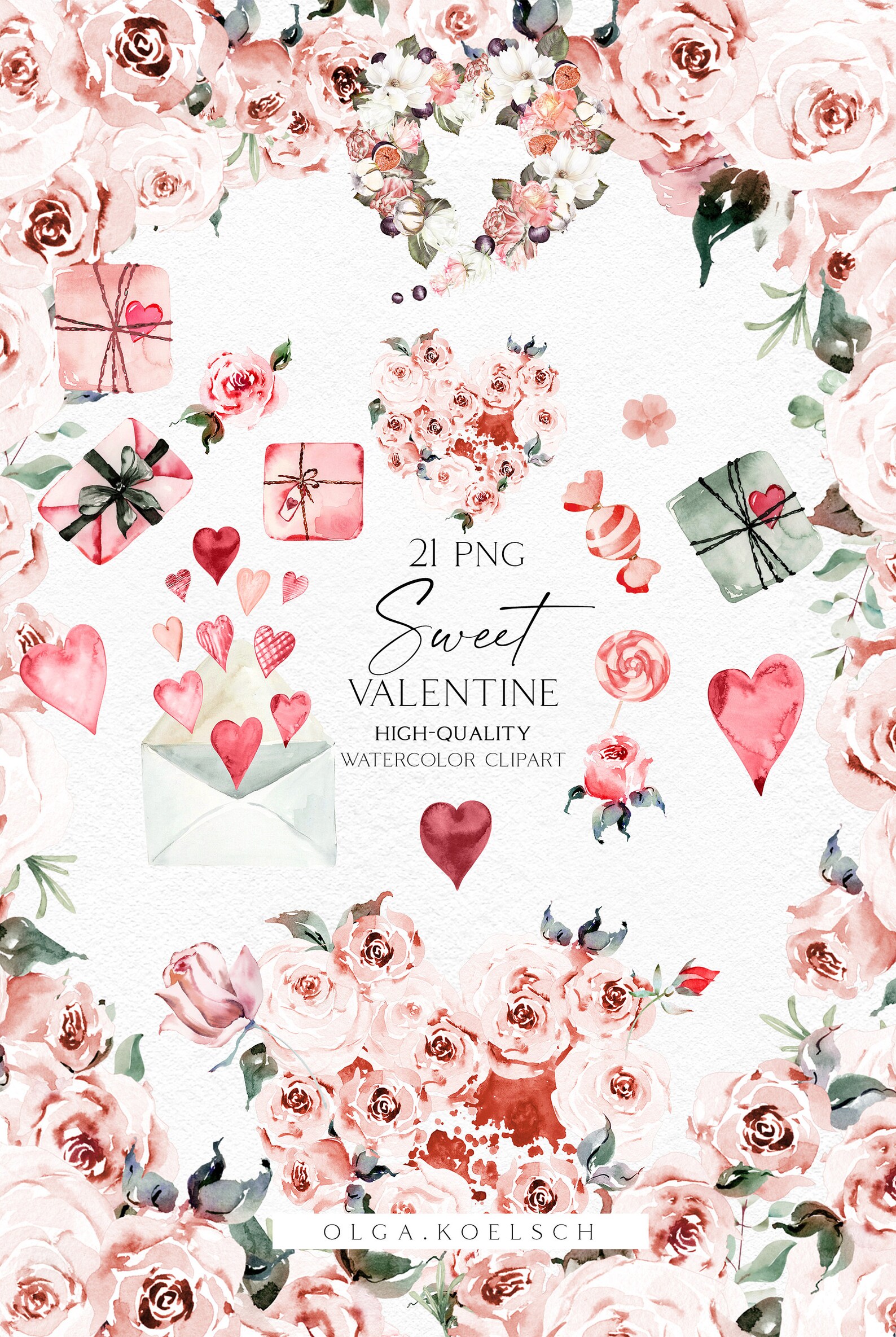 Pink Heart Png Watercolor Valentine Clipart Pink Floral - Etsy