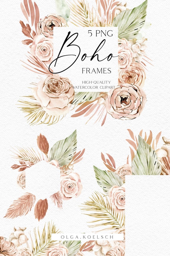 Watercolor Boho Floral Frame Dried Flower Logo Png Tropical - Etsy
