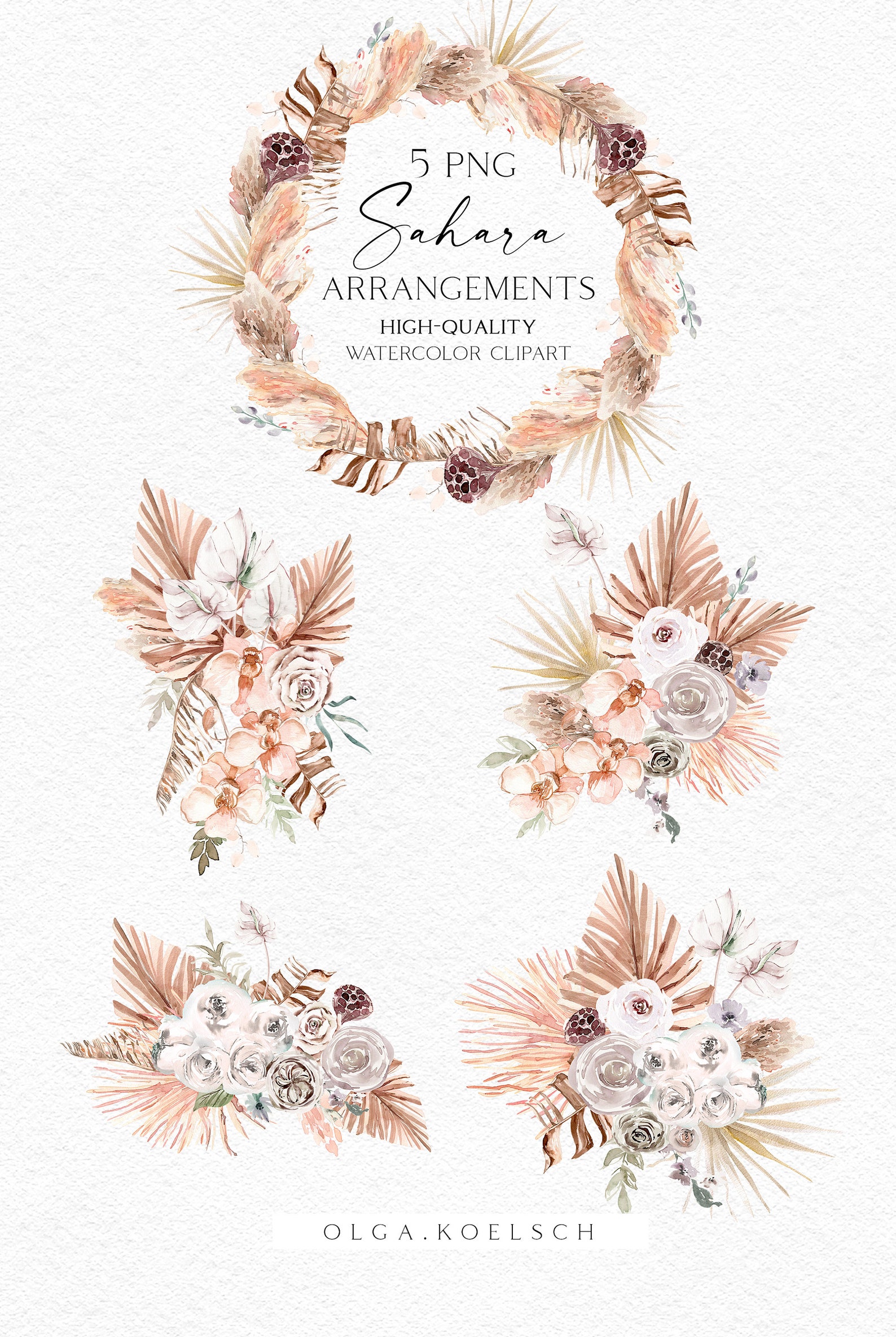 Watercolor Boho Floral Clipart, Palm Boho Bouquets Png, Dried Floral ...