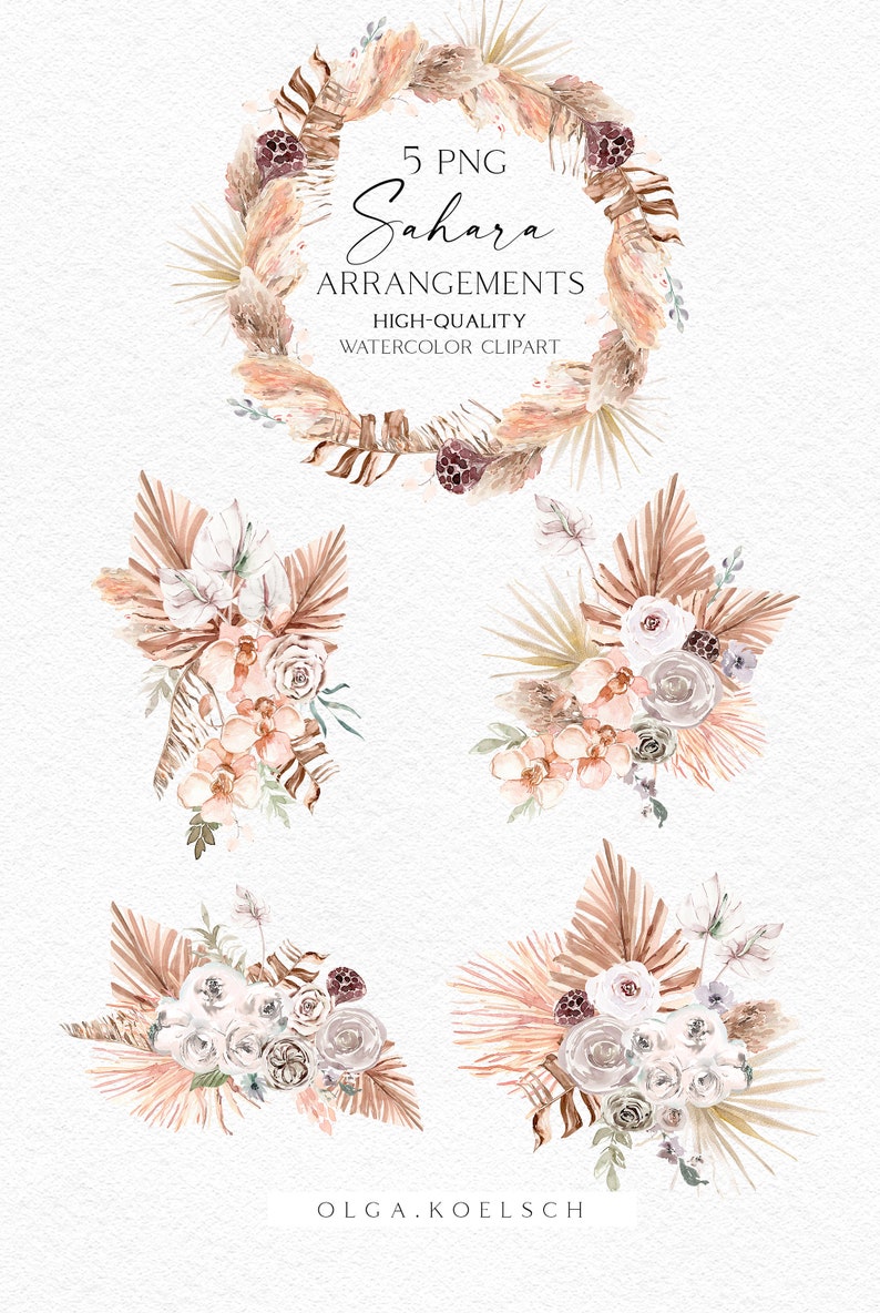 Watercolor Boho Floral Clipart, Palm Boho Bouquets Png, Dried Floral ...