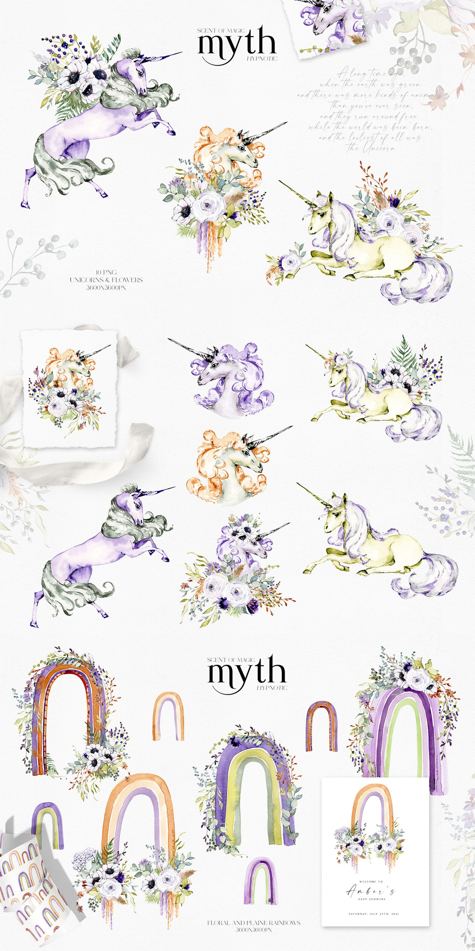 Watercolor Boho Floral Clipart, Unicorn Birthday Clipart, Watercolor ...