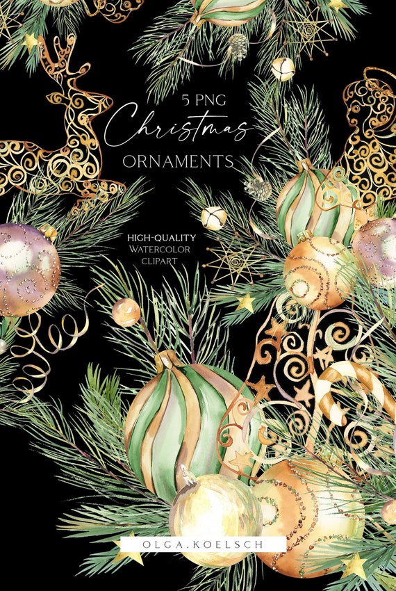 Gold Christmas Ornaments Clipart Watercolor Christmas | Etsy
