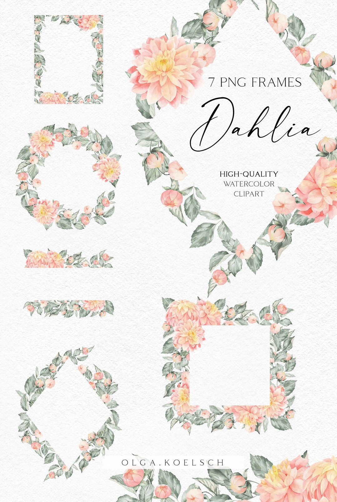 Watercolor Frames Clipart, Dahlia Clip Art Pink Flowers, Boho Floral ...