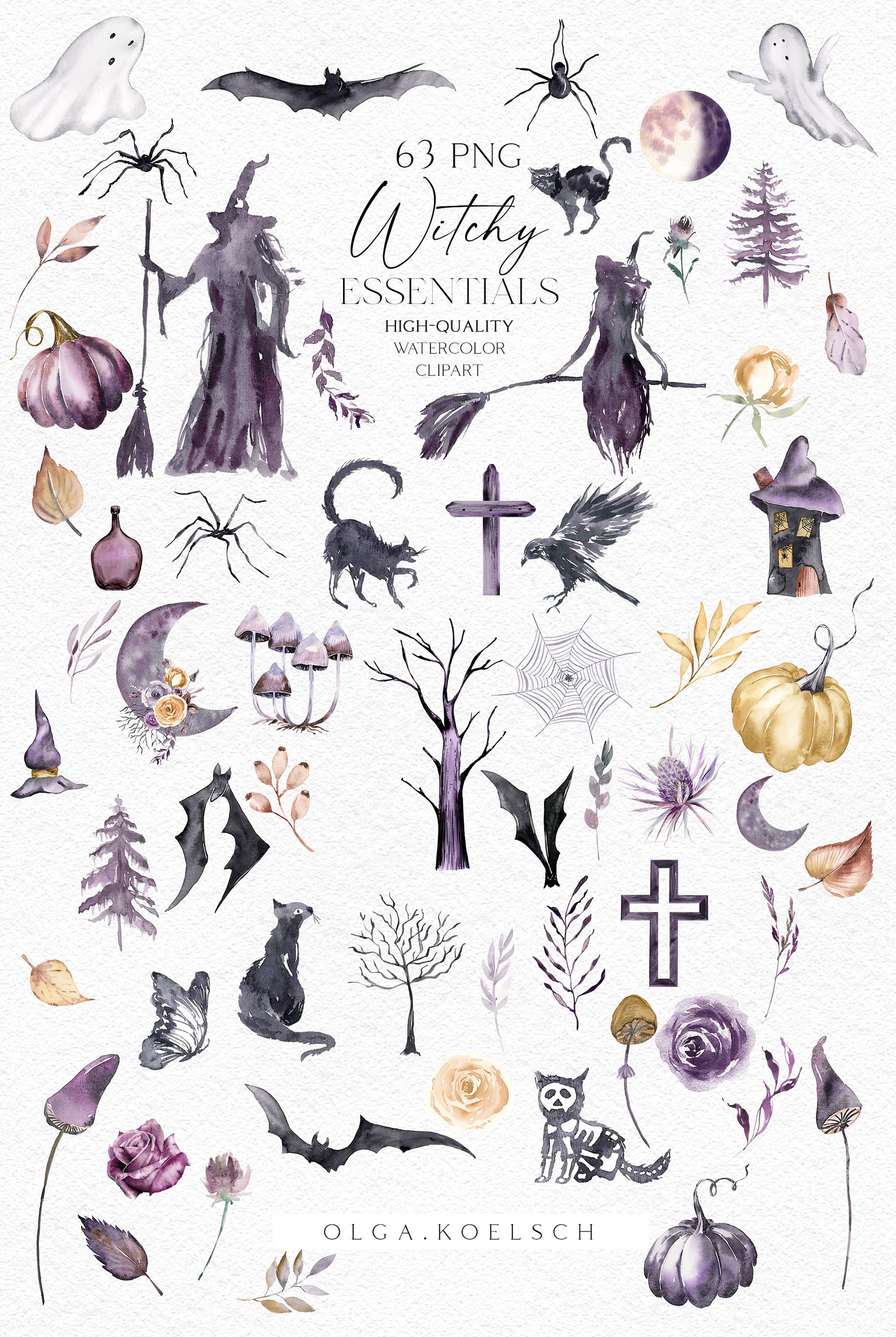 Halloween Bundle, Witch Clipart, With Black Cat Png, Watercolor Pumpkin ...