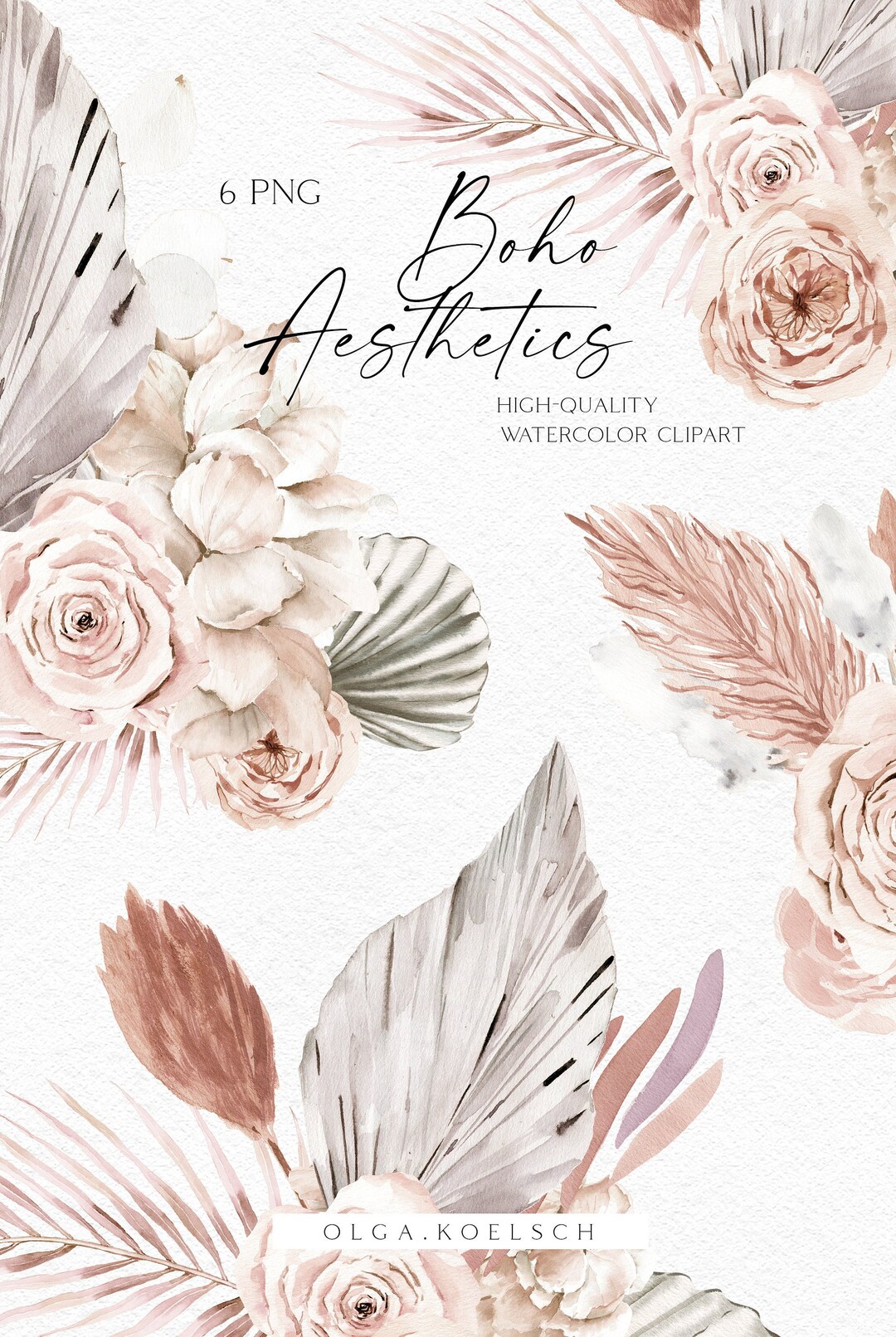 Watercolor Boho Dried Flower Clipart, Palm Boho Roses Bouquets Png ...