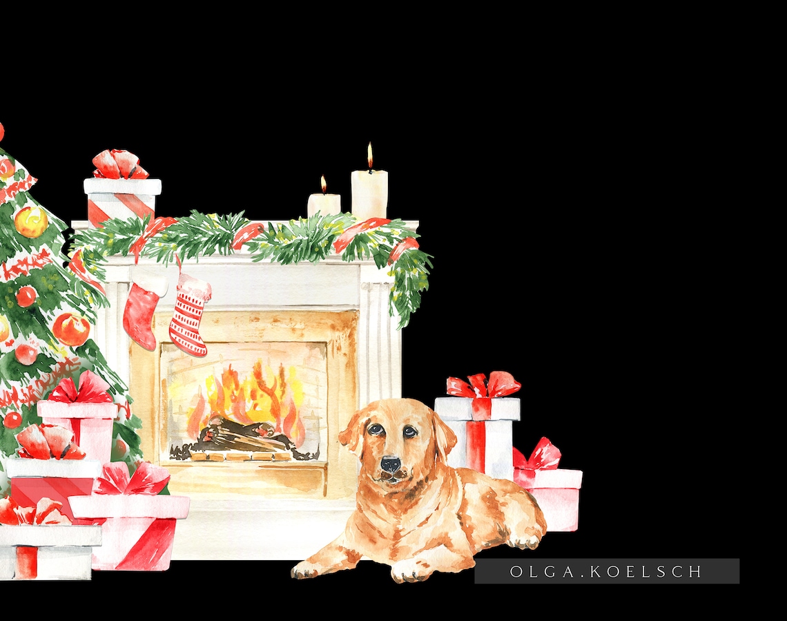 Watercolor Hygge Clipart, Farmhouse Holiday Clip Art - Dog, Natural ...