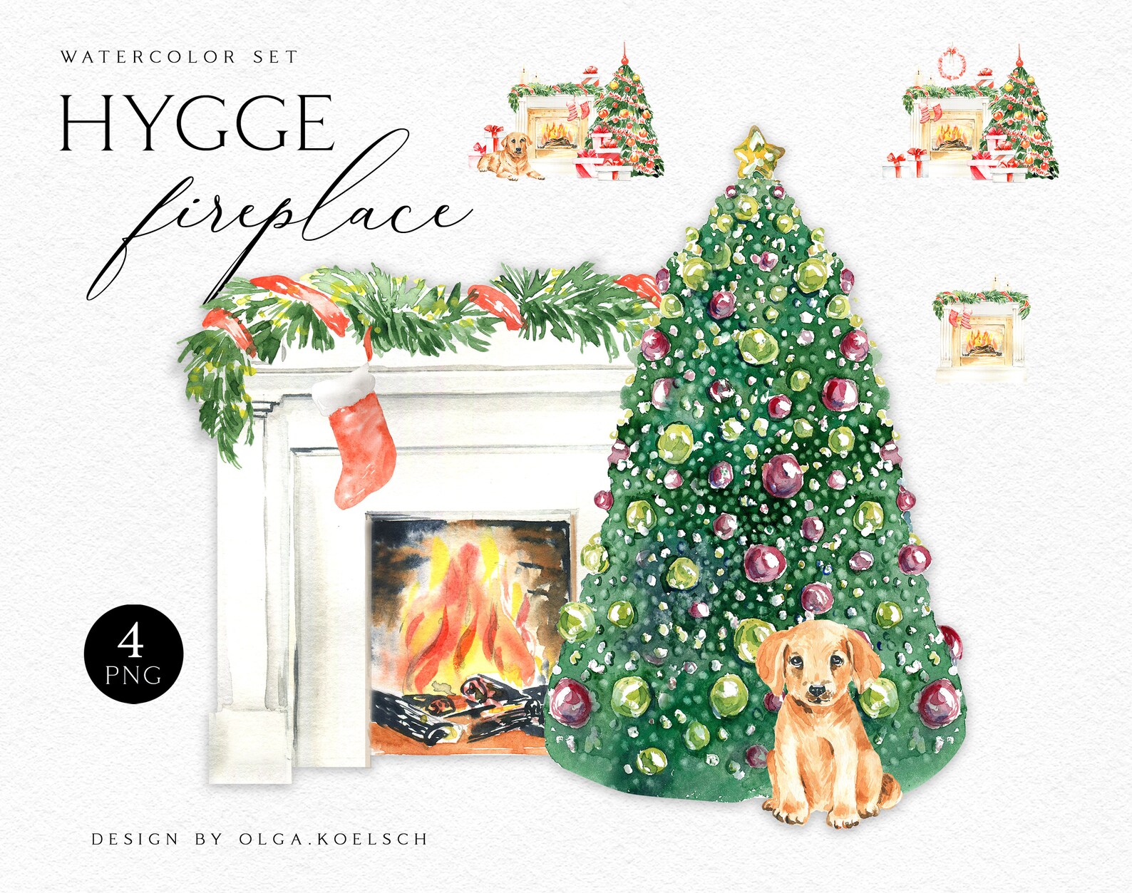 Watercolor Hygge Clipart, Fireplace and Dog Holiday Clip Art, Cozy ...
