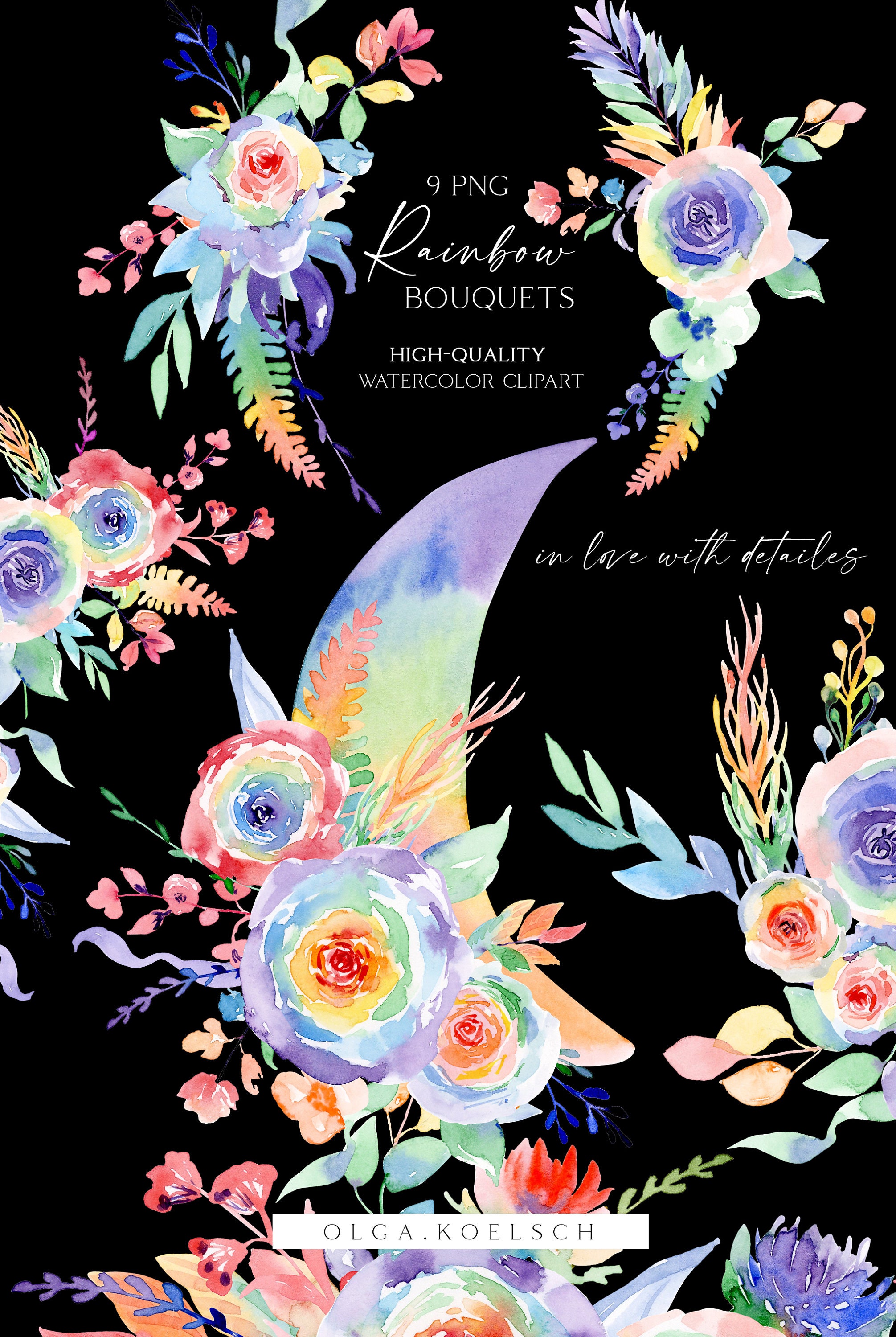 Boho Rainbow Clipart, Watercolor Rainbow Png, Boho Floral Clip Art ...
