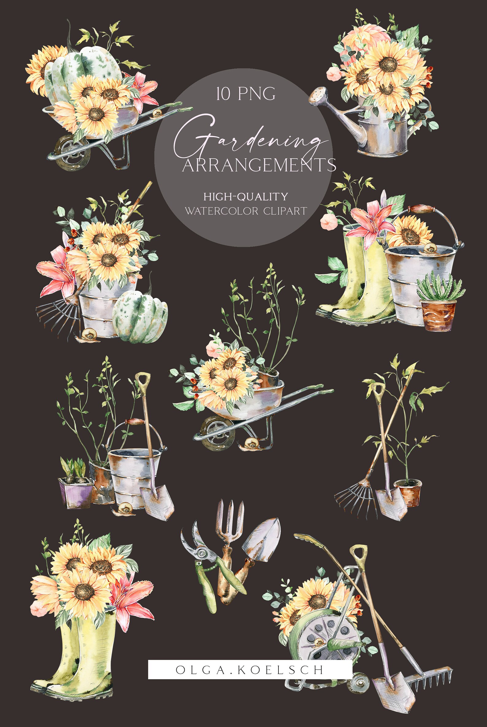 Watercolor Gardening Clipart Hand-painted Garden Tools Png - Etsy