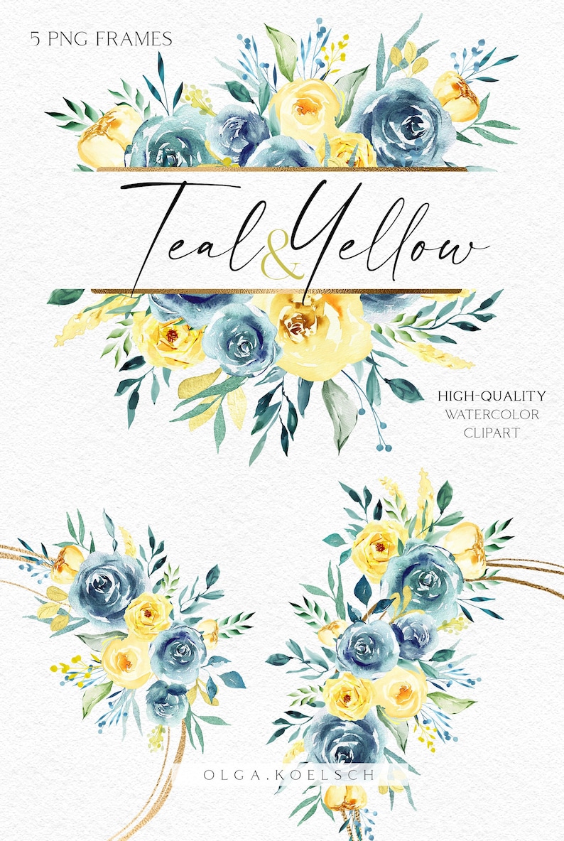 Boho Roses Teal Clipart, Watercolor Turquoise and Gold Floral Frames ...
