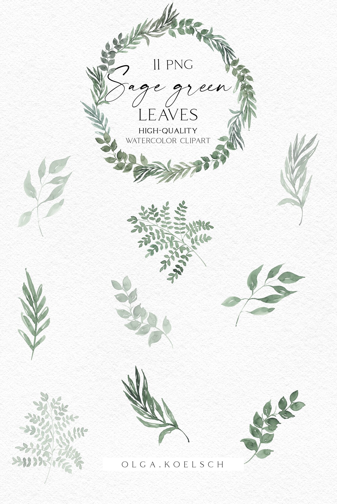Watercolor Greenery Clipart Sage Green Leaves Png Gold and - Etsy