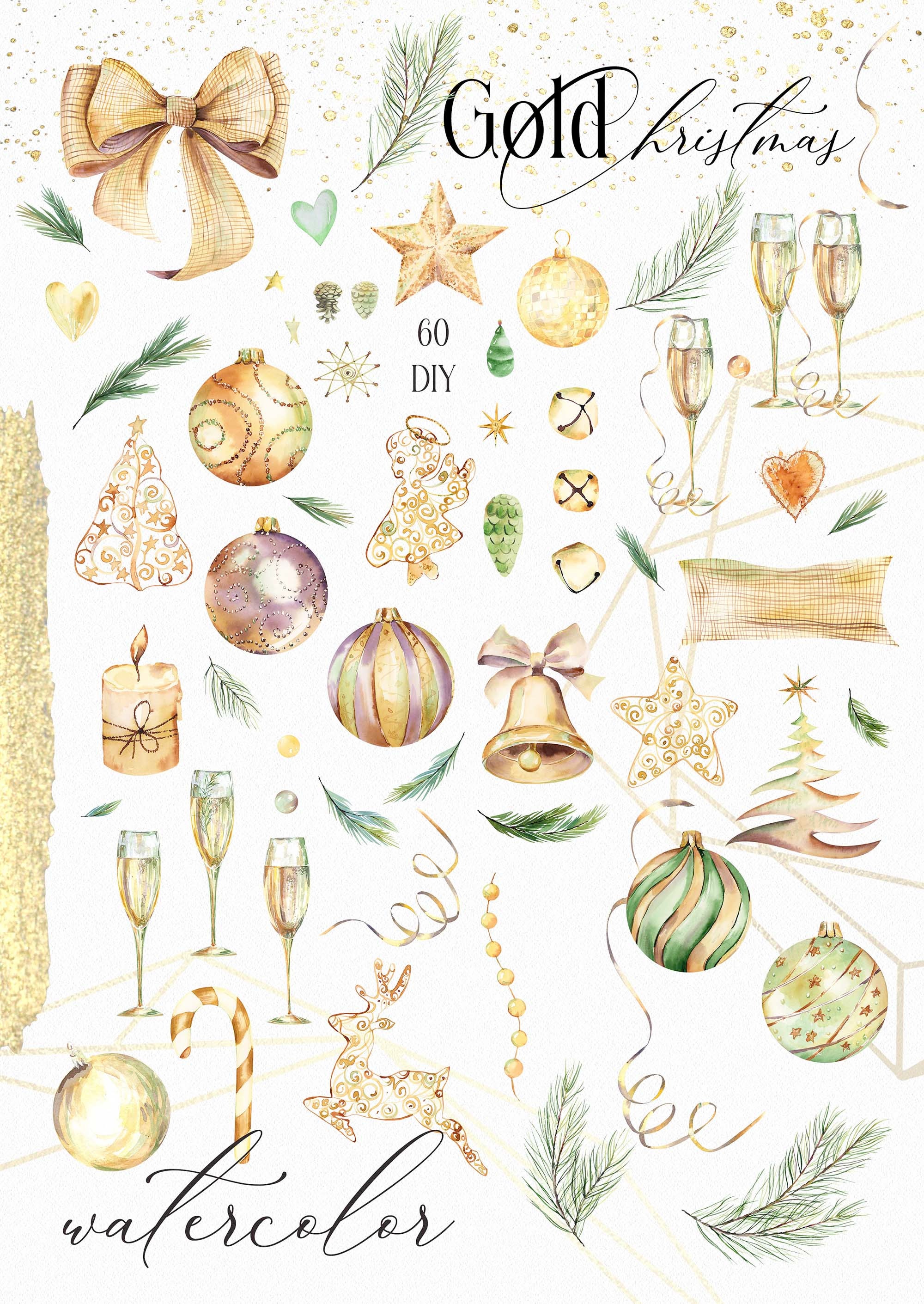 Watercolor Christmas Clip Art Golden Cristmas Wreath Png Champagne ...