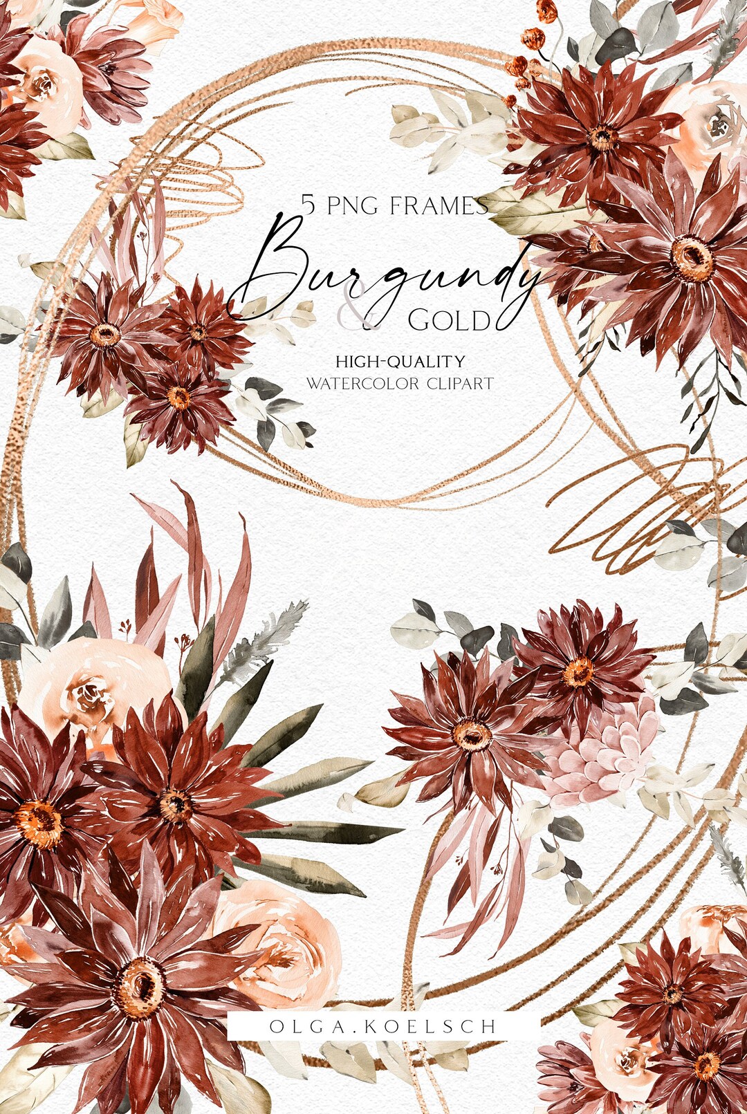 Boho Burgundy Floral Frame Clipart, Gold Flower Frame Png, Burgundy and ...