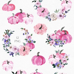 Watercolor Pink Pumpkin Clipart, Girl Pumpkin Baby Shower Wreath ...