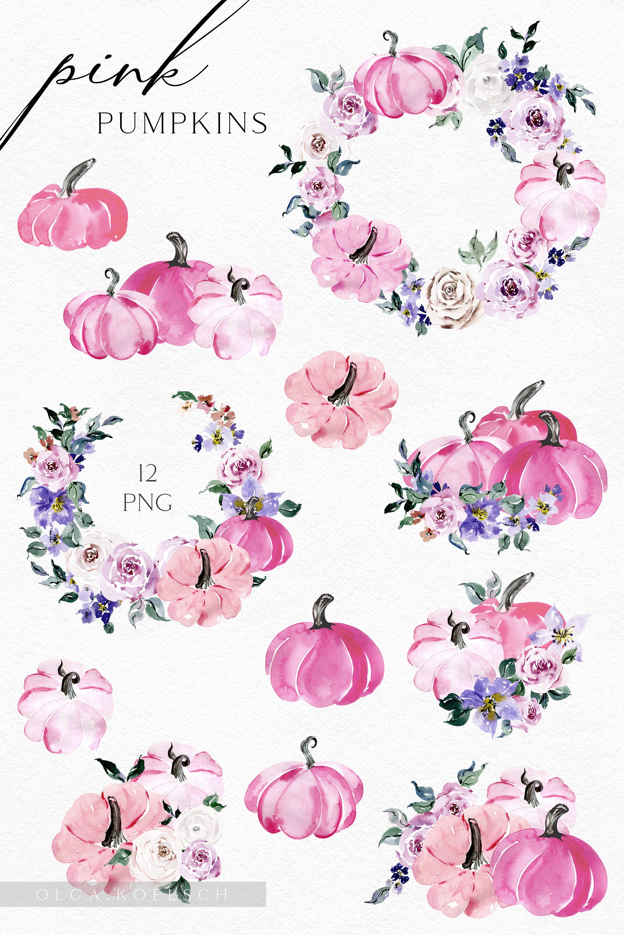 Watercolor Pink Pumpkin Clipart Girl Pumpkin Baby Shower - Etsy