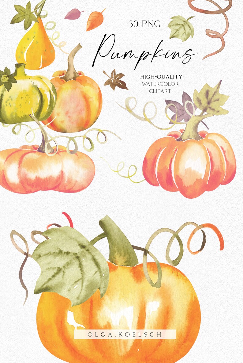 Watercolor Fall Clipart Cute Pumpkin Clipart Autumn Clip Art - Etsy