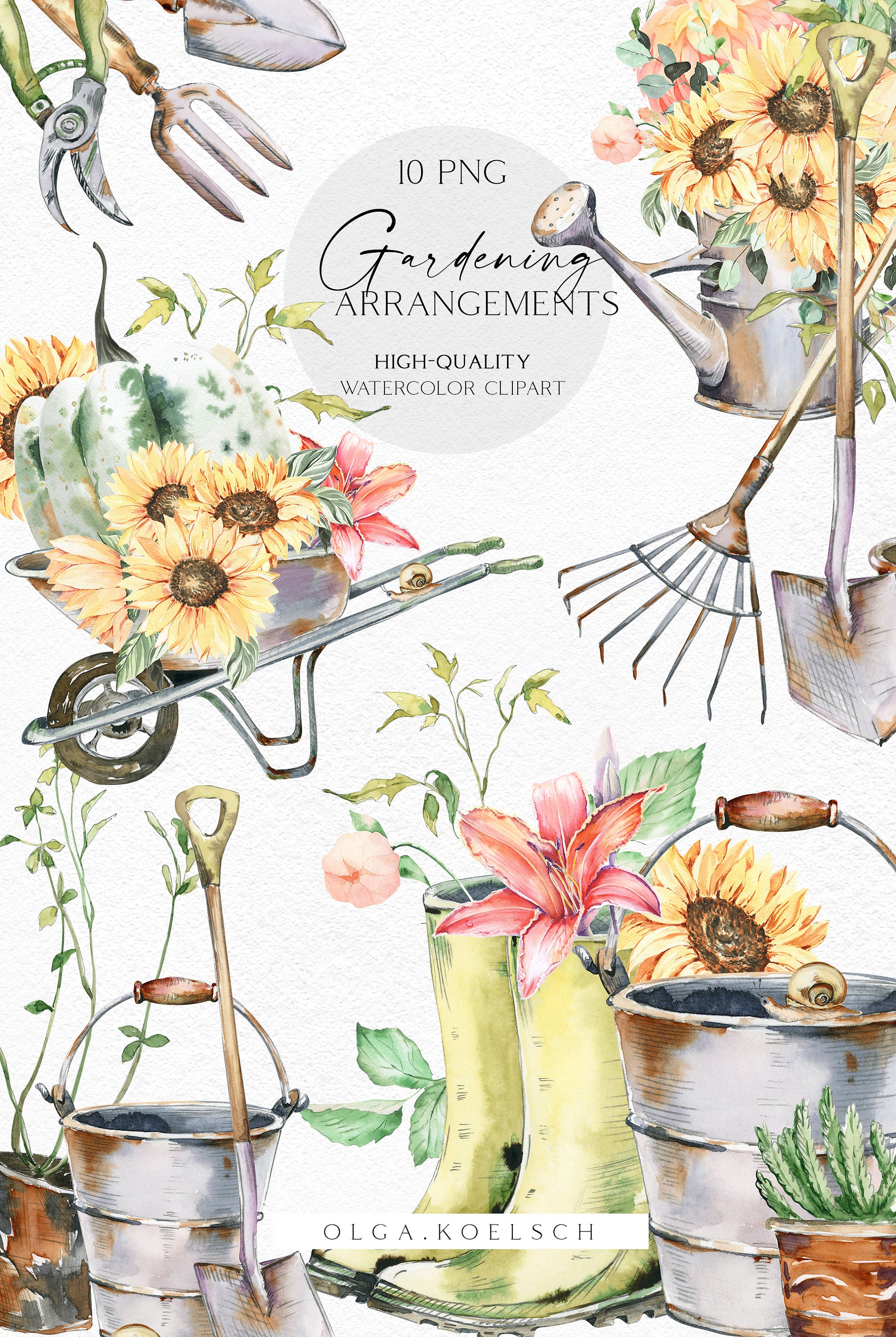 Watercolor Gardening Clipart Hand-painted Garden Tools Png - Etsy