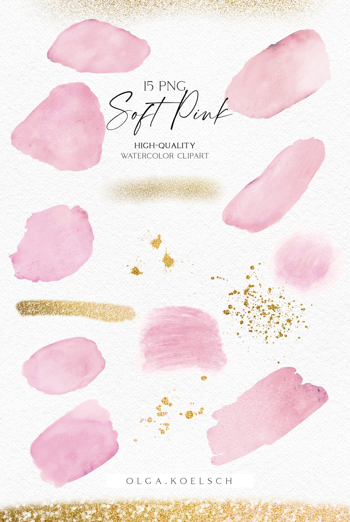 Pink Watercolor Brush Strokes Png, Gold Abstract Clipart, Pastel Pink ...
