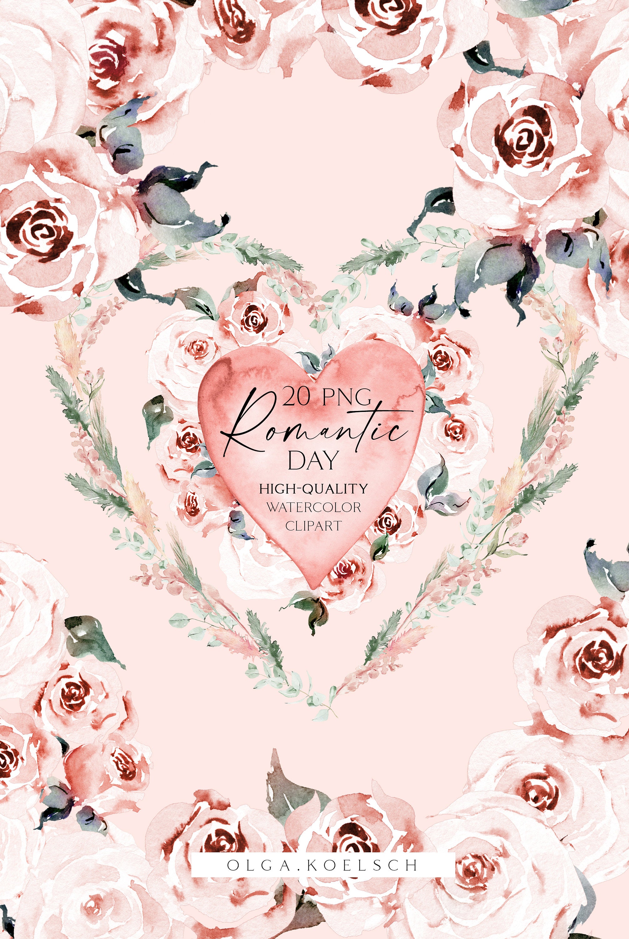 Watercolor Valentine Clipart, Pink Floral Heart Png, Pink Roses Borders ...
