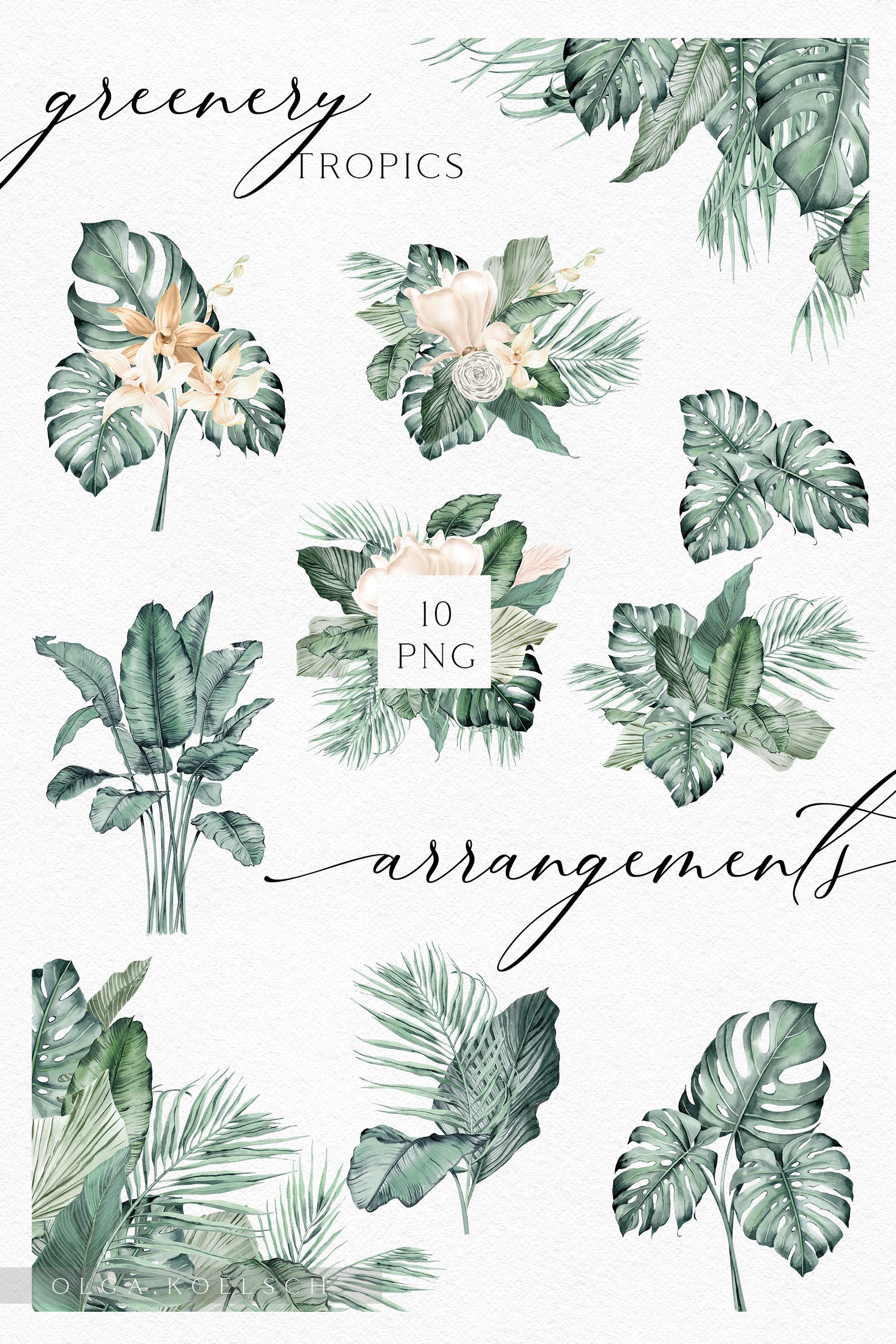 Boho Tropical Jungle Leaves Clipart Hand Drawn Tropical | Etsy