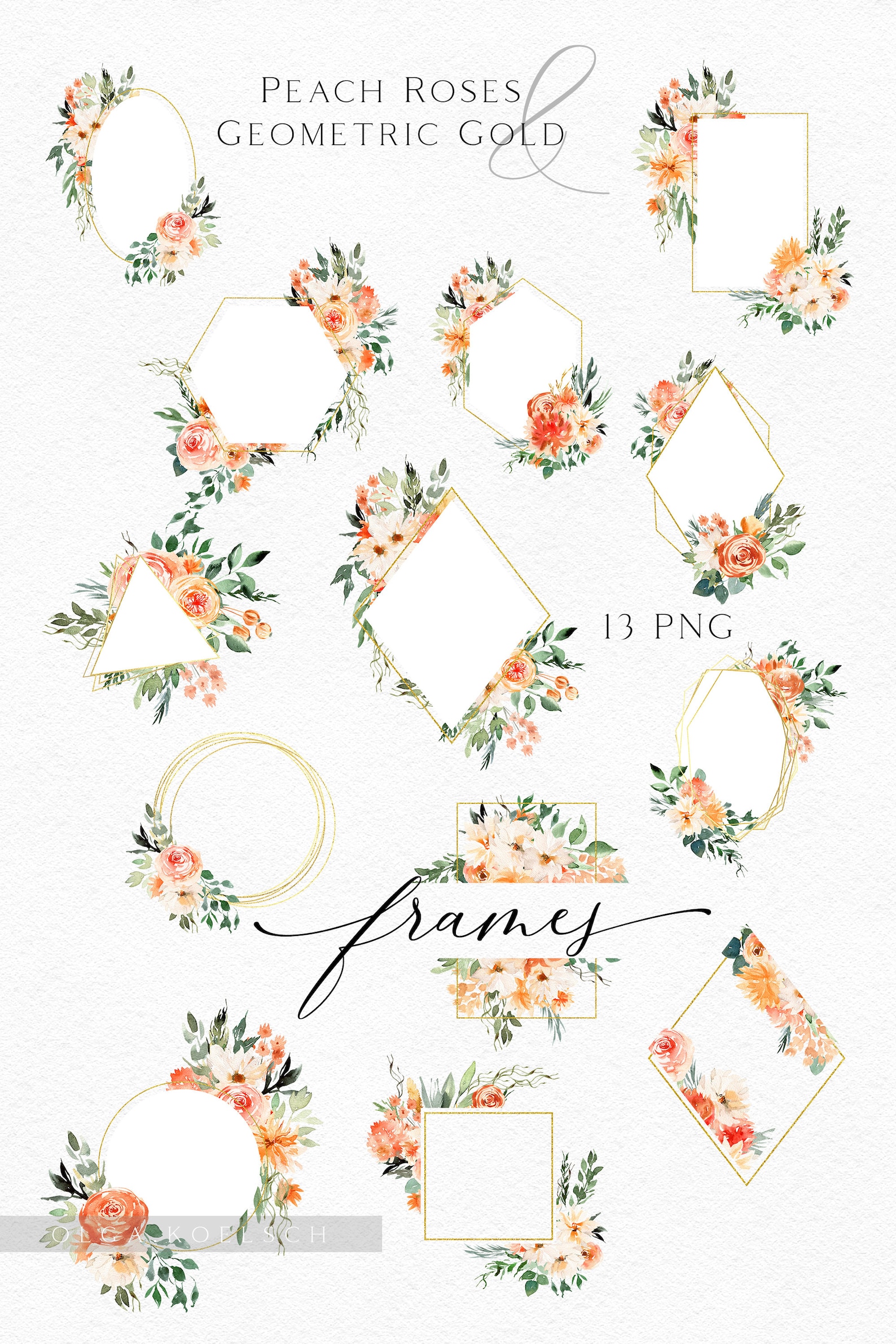 Gold Floral Frame Clipart, Rose Bouquets, Geometric Borders (PNG) - Etsy