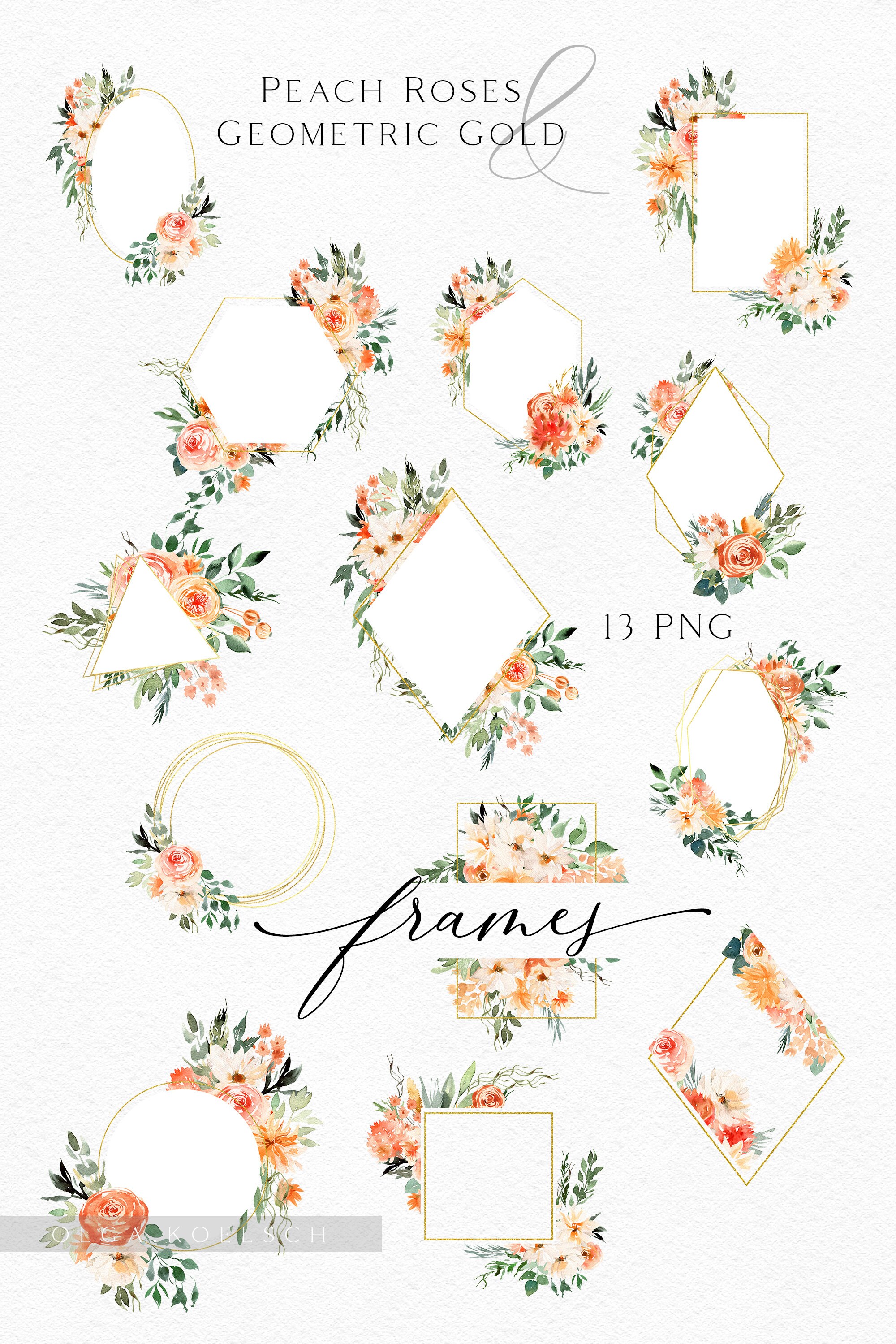 Gold Floral Frame Clipart, Rose Bouquets, Geometric Borders (PNG) - Etsy