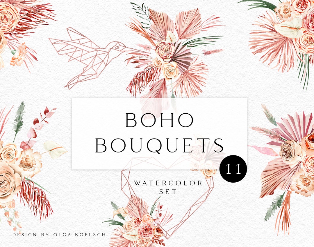 Watercolor Boho Floral Clipart: Tropical Dried Flowers, Palm Leaf (PNG ...