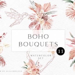 Watercolor Boho Floral Clipart: Tropical Dried Flowers, Palm Leaf (PNG ...