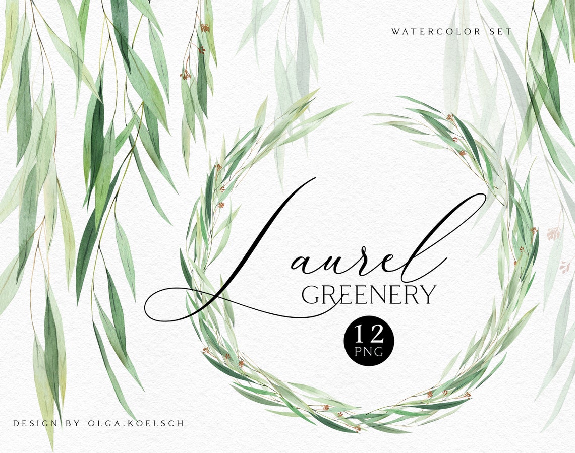 Watercolor Laurel Wreath Clipart. Greenery Clipart Watercolor. - Etsy