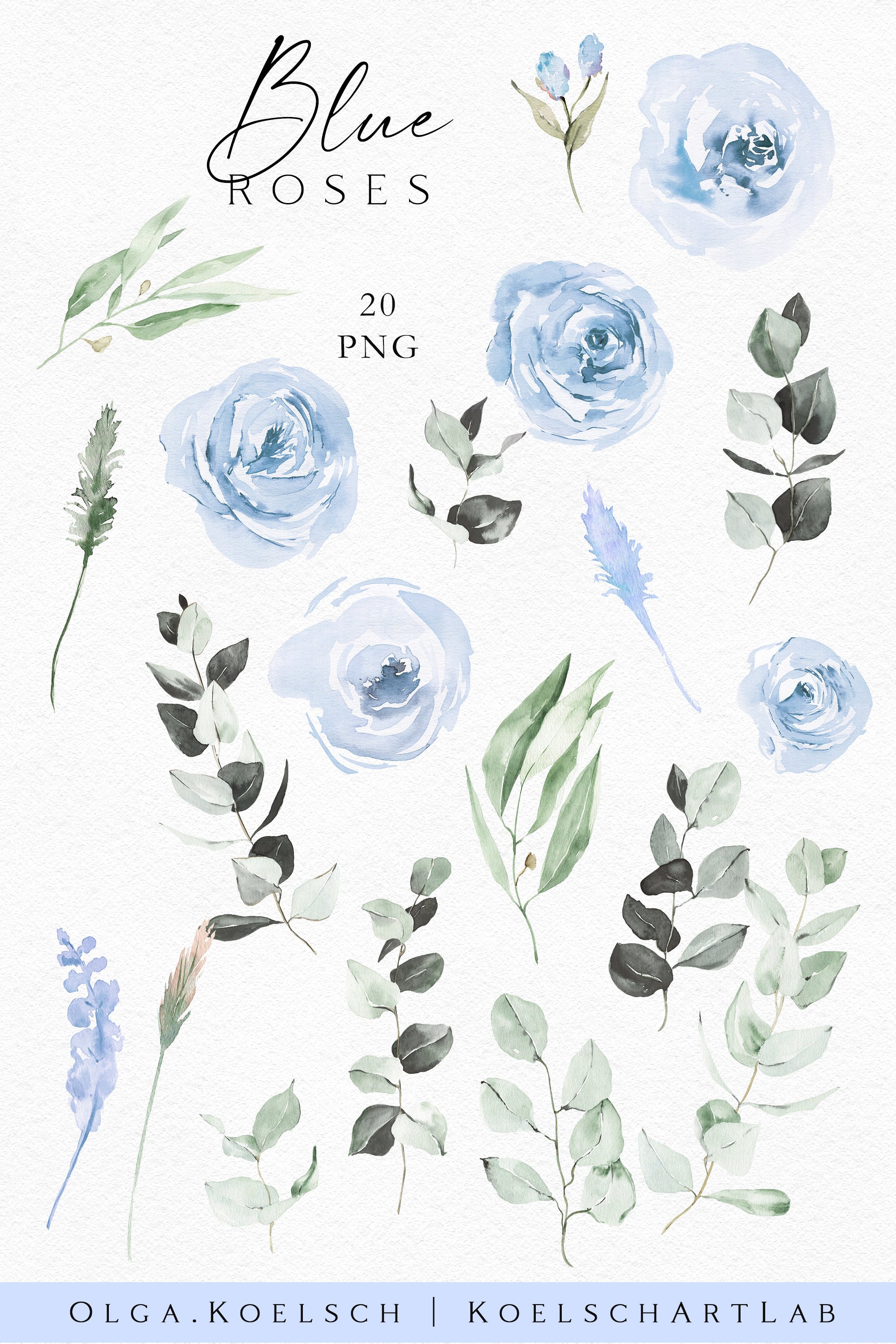 Baby Blue Flowers Clipart Dusty Blue Boho Roses Clip Art - Etsy