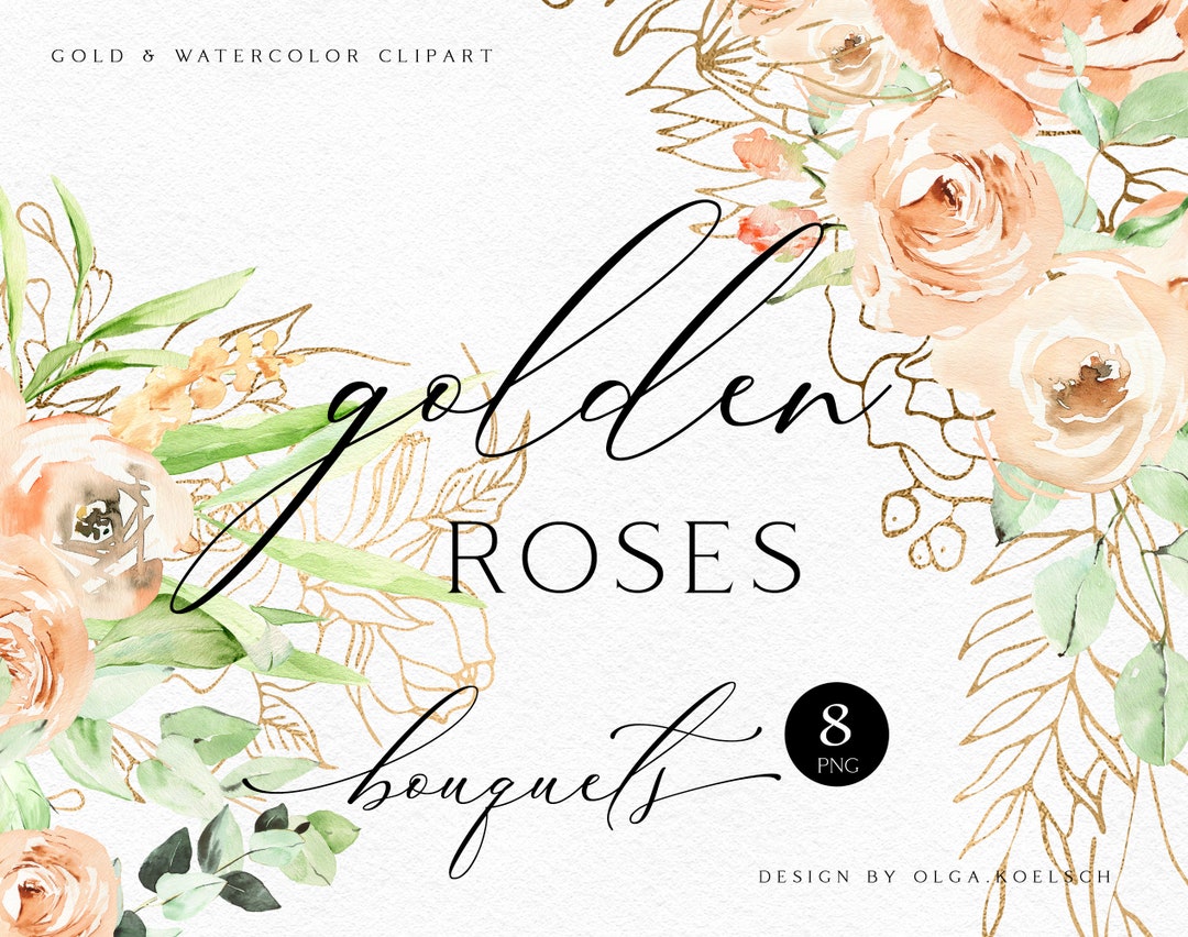 Watercolor Roses Clipart, Flower Gold Frame Png, Bouquet Clipart With ...