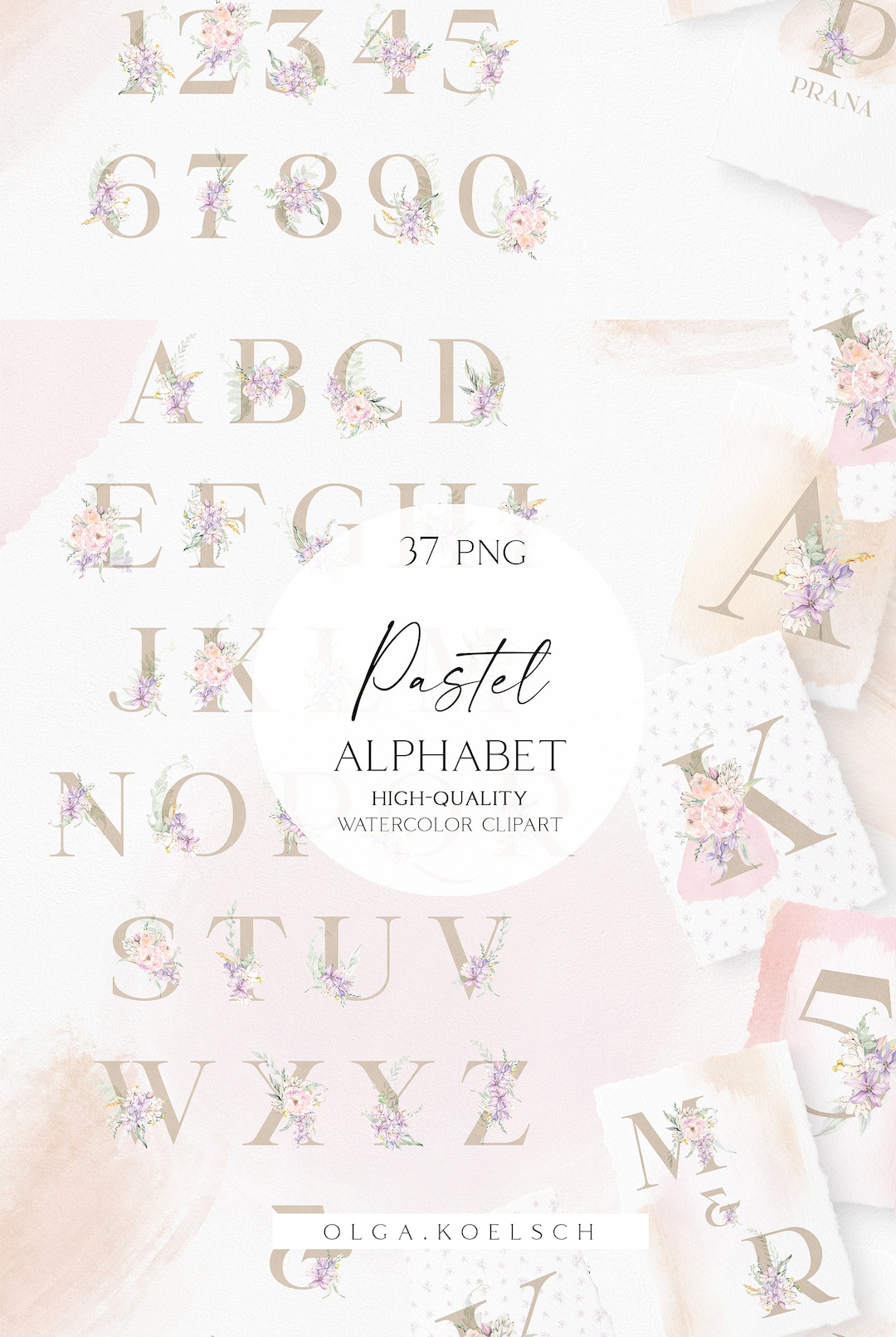 Boho Pastel Wedding Alphabet Clipart, Watercolor Pink and Purple Floral ...