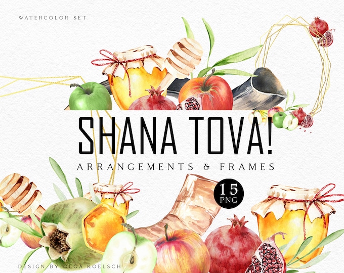 Rosh Hashanah Clipart Set. Apple and Honey, Pomegranate, Shofar and ...