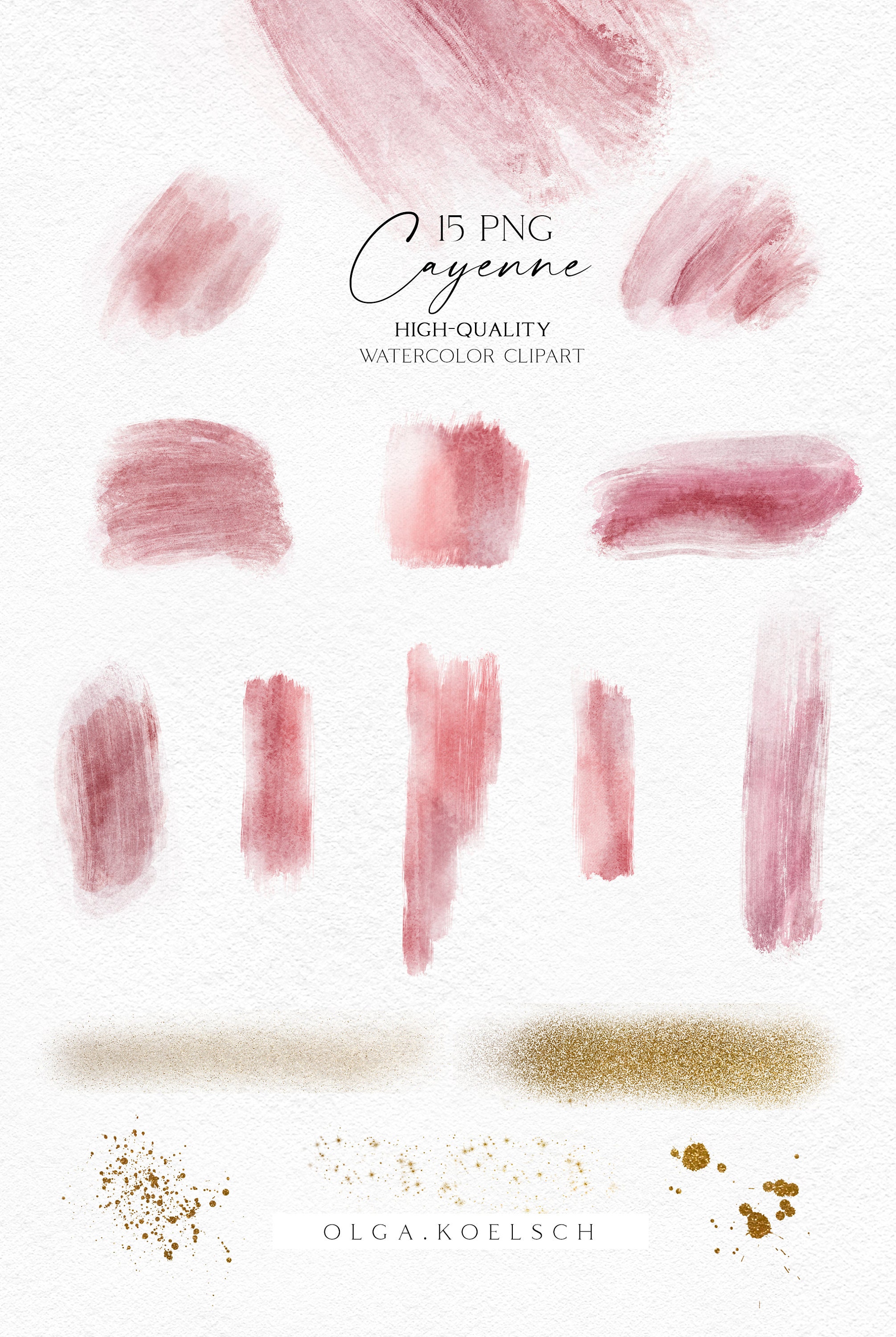 Dusty Pink Watercolor Brush Strokes Png, Gold Abstract Clipart, Red ...