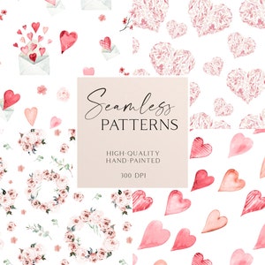 Watercolor Heart Seamless Pattern for Fabric, Pink Floral Digital Paper ...