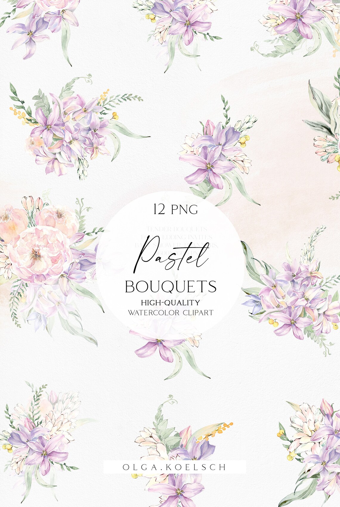Watercolor Pink Flower Clipart, Pastel Bouquet Png, Botanical Clipart ...