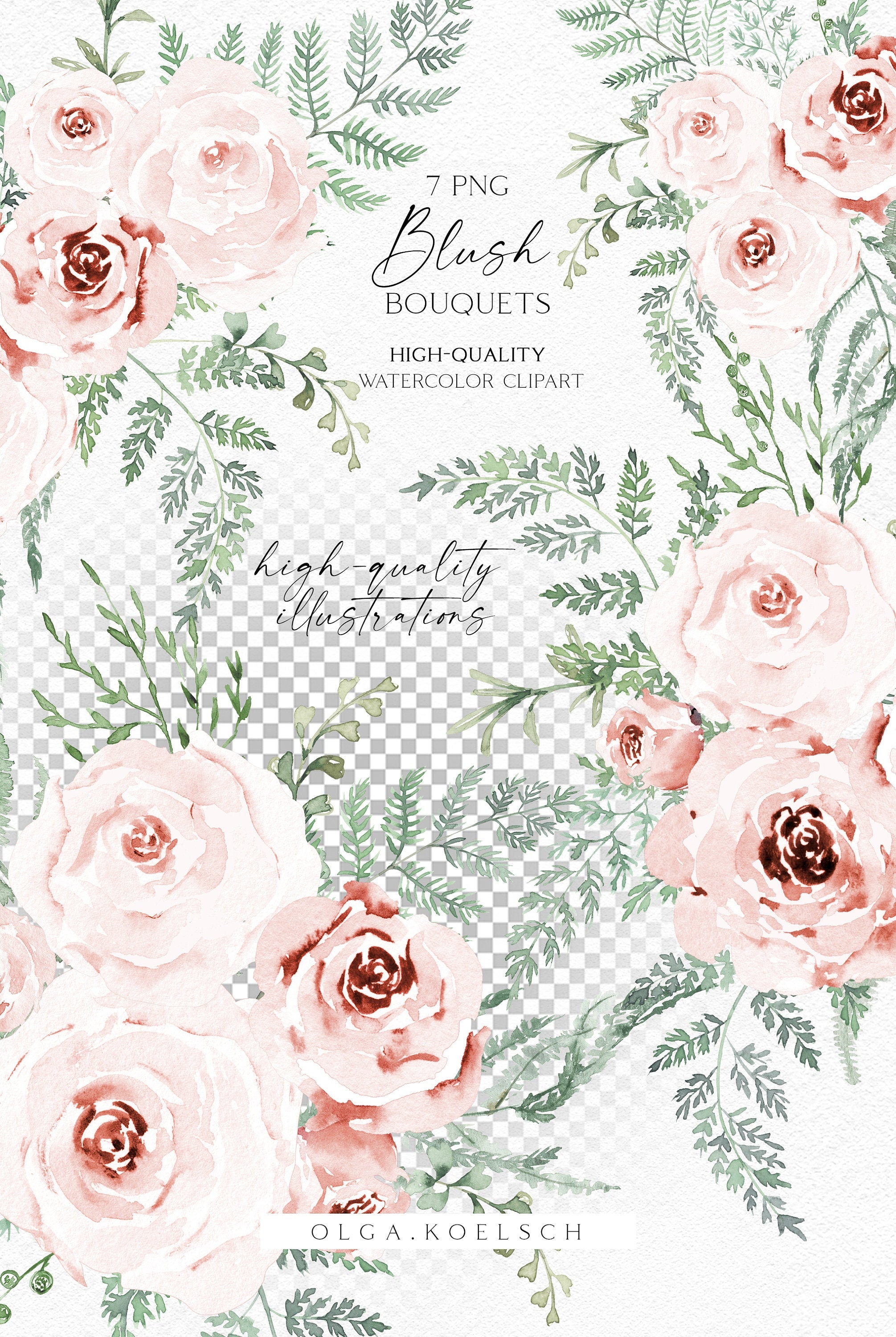 Boho Roses Bouquets Clipart, Watercolor Fern Floral Borders Png ...