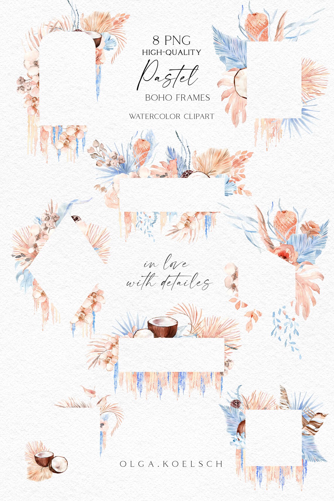 Watercolor boho clipart Tropical borders png Pink floral | Etsy
