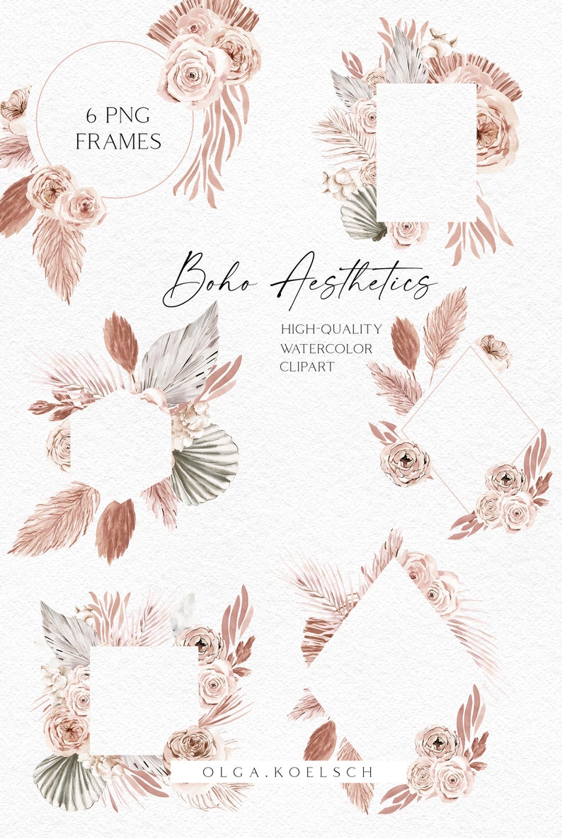Watercolor Boho Dried Flower Clipart, Palm Boho Roses Bouquets Png ...