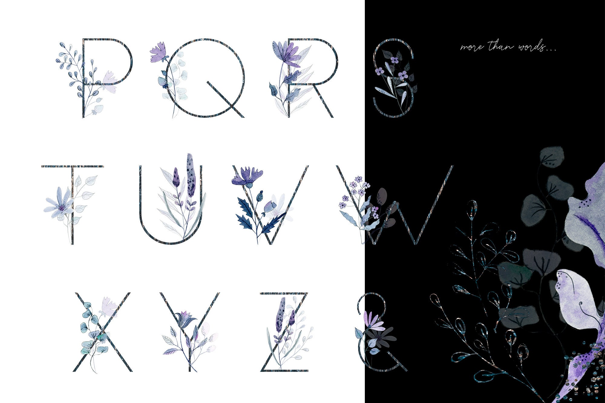 Navy Blue Alphabet Clipart Winter Floral Watercolor Dusty - Etsy