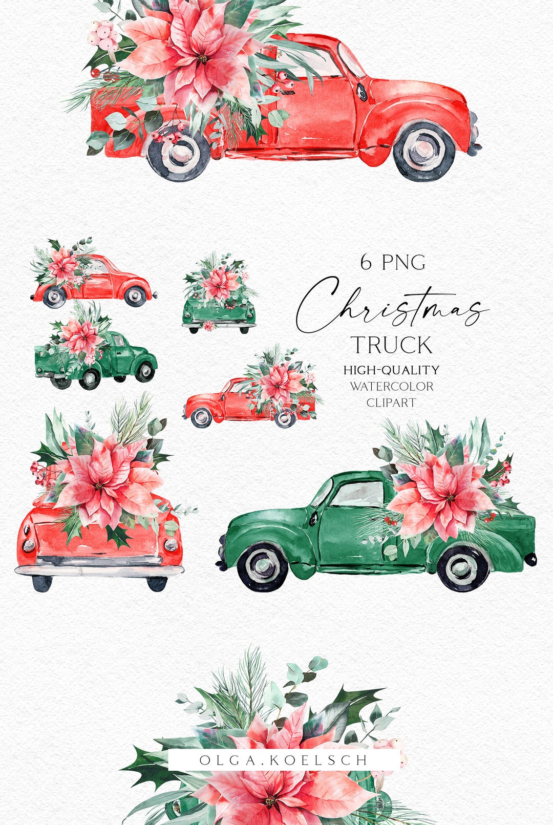 Red Christmas Truck Clipart, Watercolor Green Christmas Truck Png ...